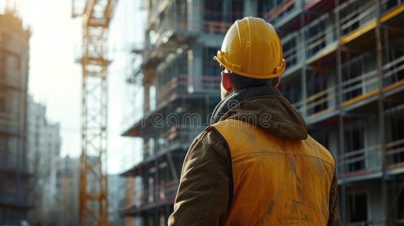 Back View at Construction Worker Wearing Hardhat while Standing at High ...