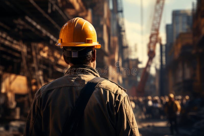 Back View of a Construction Worker Wearing Yellow Safety Helmet and a ...