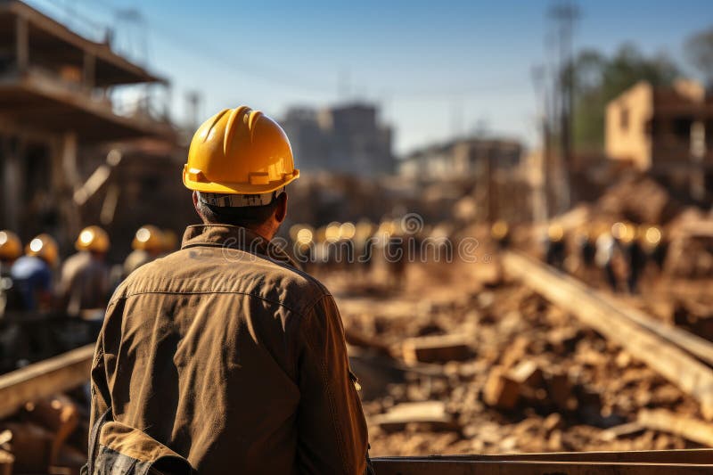 Back View of a Construction Worker Wearing Yellow Safety Helmet and a ...