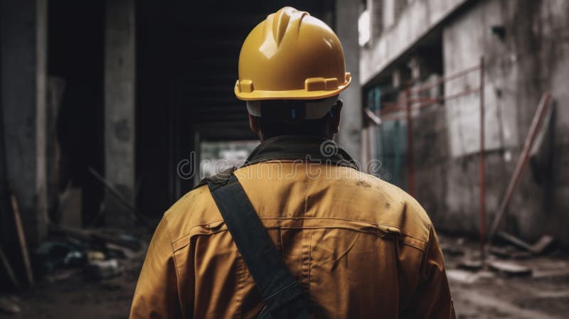 Back View of a Construction Worker with Yellow Helmet Stock ...