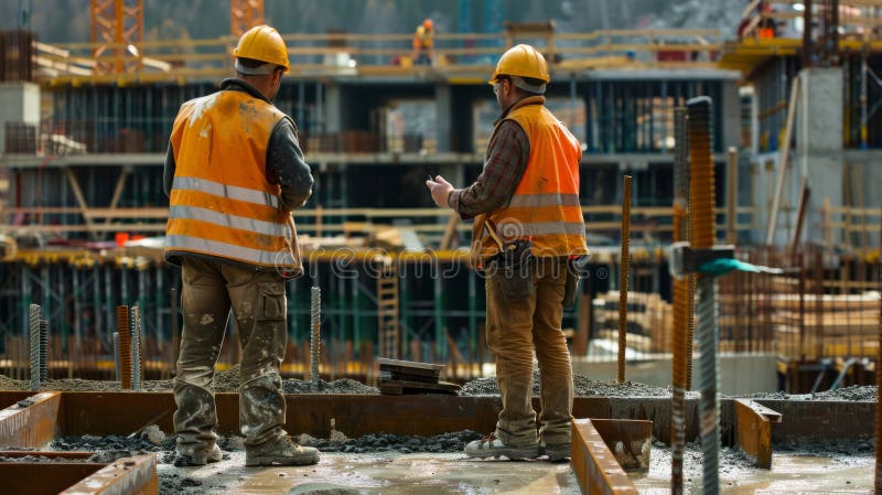 Back View of Construction Workers Discussing Project on an Active Site ...