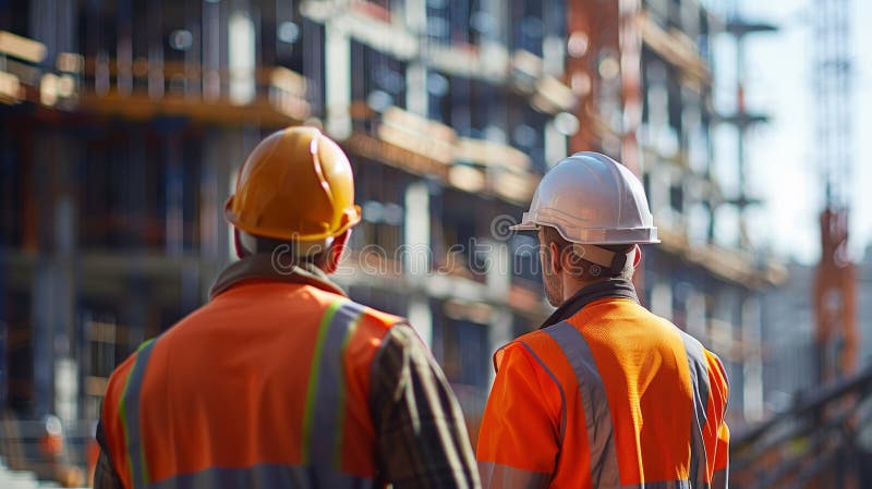 Back View of Construction Workers Discussing Project on an Active Site ...