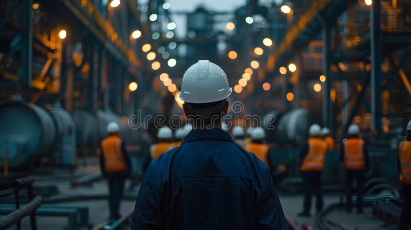 Back View of Construction Workers in Hard Hats on Job Site Teamwork ...