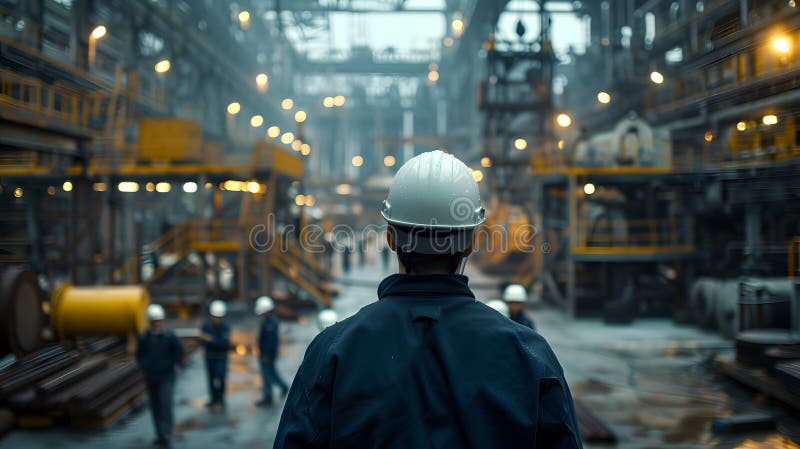 Back View of Construction Workers in Hard Hats on Job Site Teamwork ...