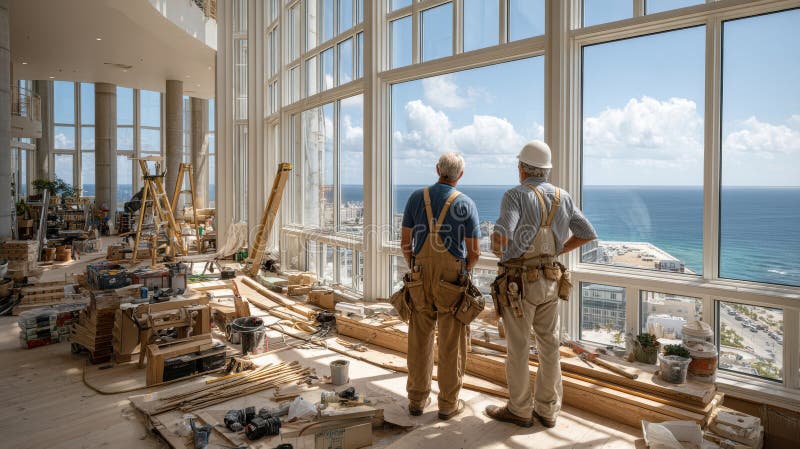 Construction Workers on a High-rise Building Overlooking a City Skyline ...