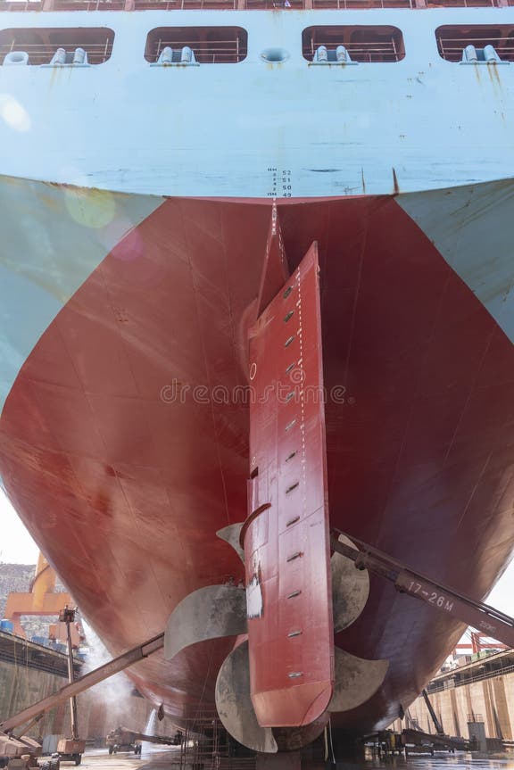 Back View on the Container Ship, Ships Rudder is on the First Plan. Stock Photo - Image of ...