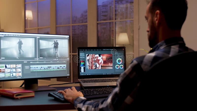 Back View of Content Creator Working in Home Office Stock Photo - Image ...
