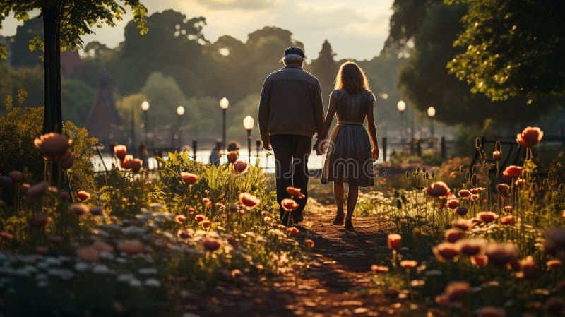 Back View Couple Go for a Walk in Summer Park. Generative Ai Stock ...