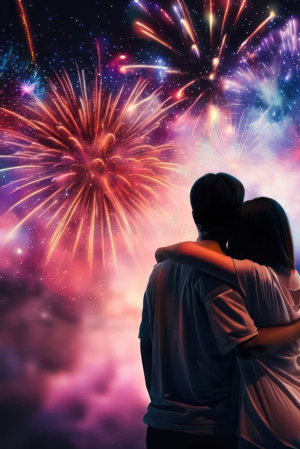 The Back View of a Couple Watching Fireworks with a Romantic Atmosphere ...