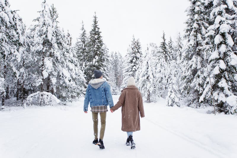 Back View of Couple in Winter Forest Stock Image - Image of outside ...