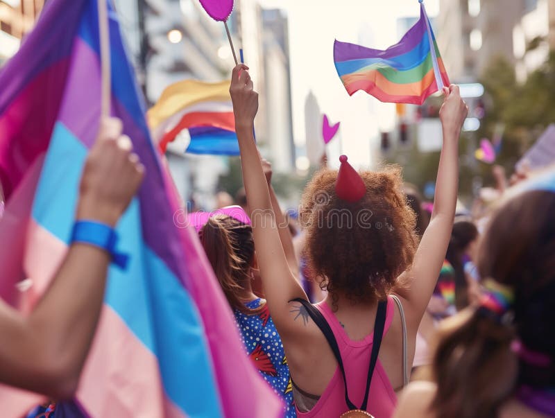Back View of a Crowd at a Pride Parade, with Various Rainbow and ...