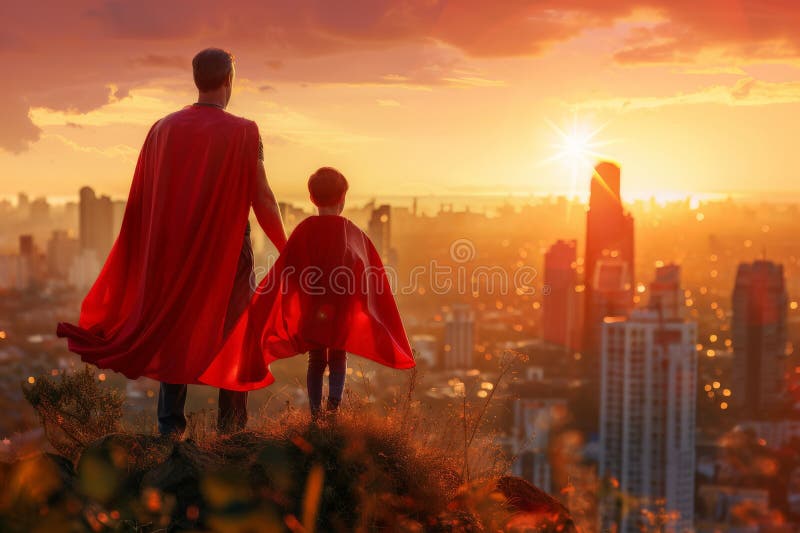 Back View of Dad and Son in Superhero Capes Overlooking City at Sunset ...