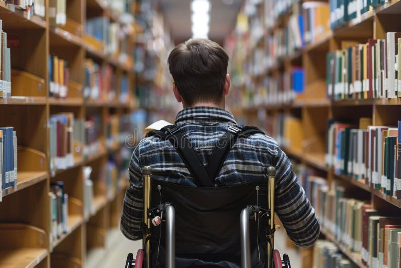 Back View of Disabled Student in Wheelchair Choosing Books while ...