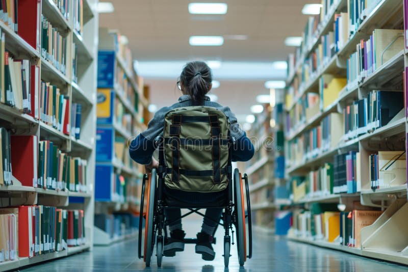 Back View of Disabled Student in Wheelchair Choosing Books while ...
