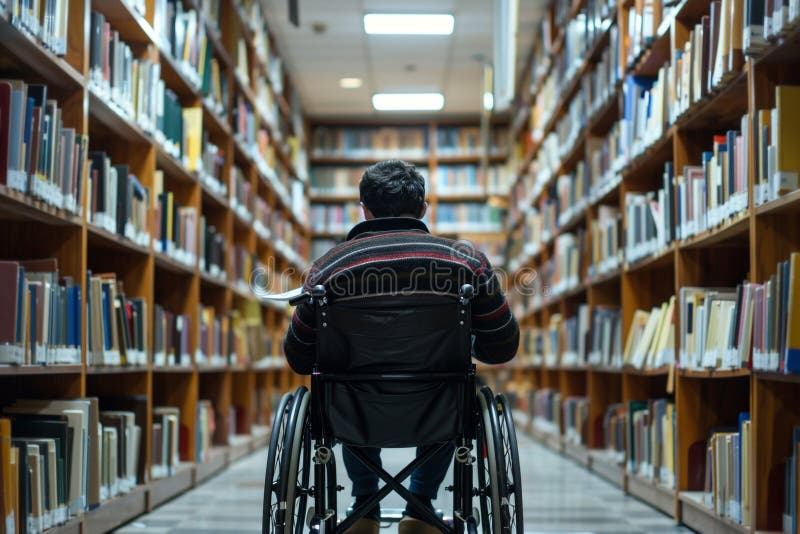 Back View of Disabled Student in Wheelchair Choosing Books while ...