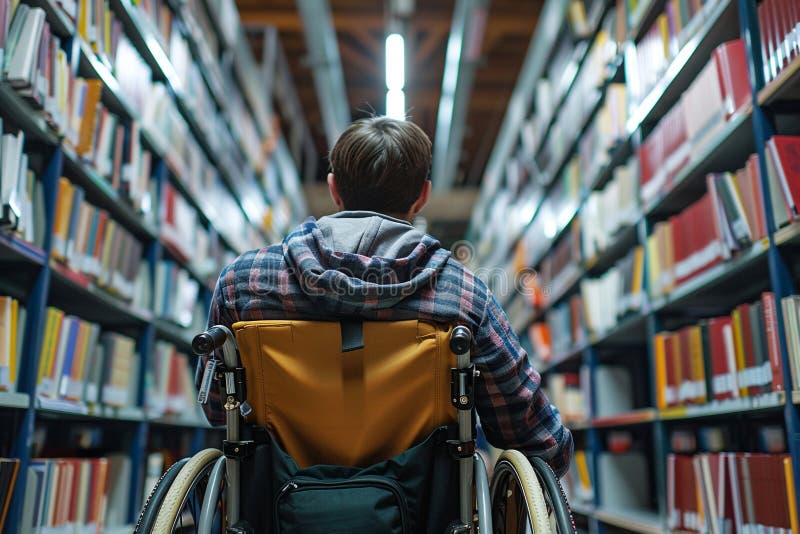 Back View of Disabled Student in Wheelchair Choosing Books while ...
