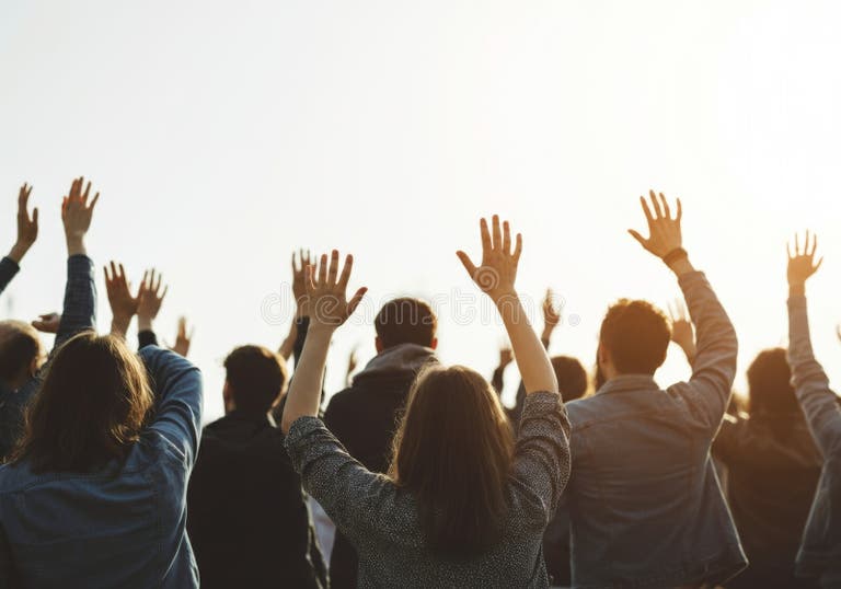 Back View of Diverse Group Raising Hands Outdoors at Sunset Celebrating ...