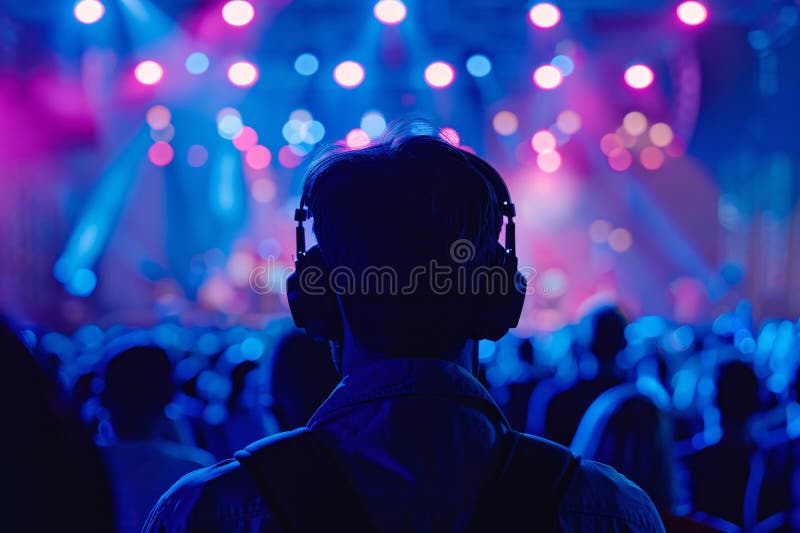 Back View of Dj with Headphones on the Concert with Many People Stock ...