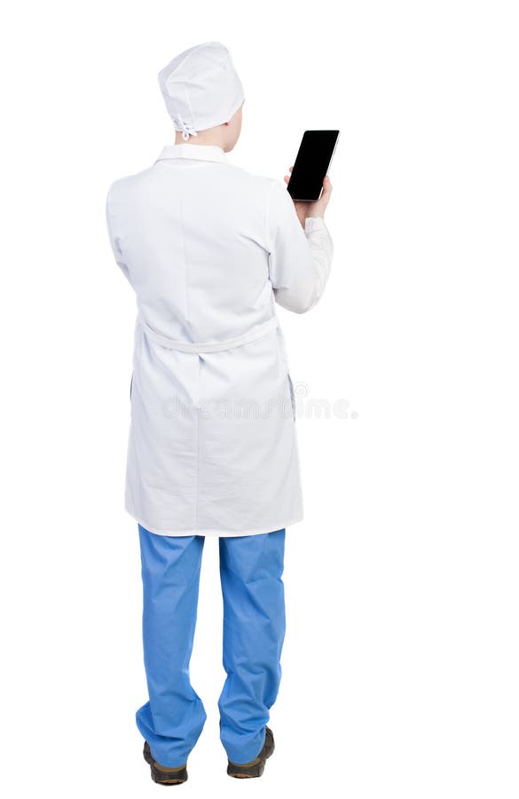 Back View of Doctor in Robe Holding Tablet Computer. Stock Image ...