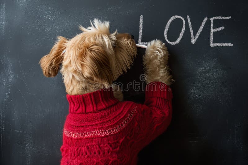 Back View of a Dog in Sweater Writing a World LOVE with a Chalk on a ...
