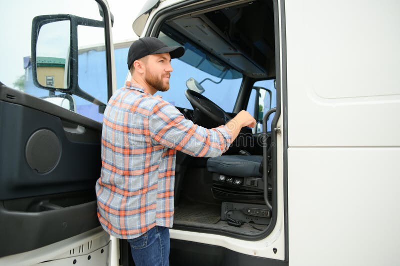 Back View of Driver Getting into Truck Cabin. Stock Photo - Image of ...