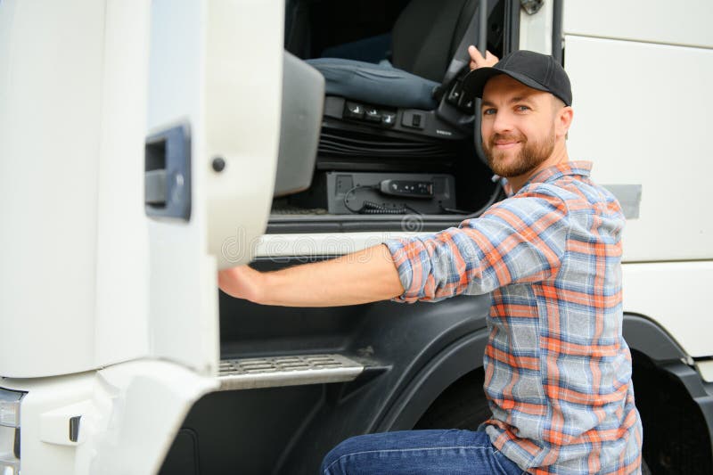 Back View of Driver Getting into Truck Cabin. Stock Image - Image of ...