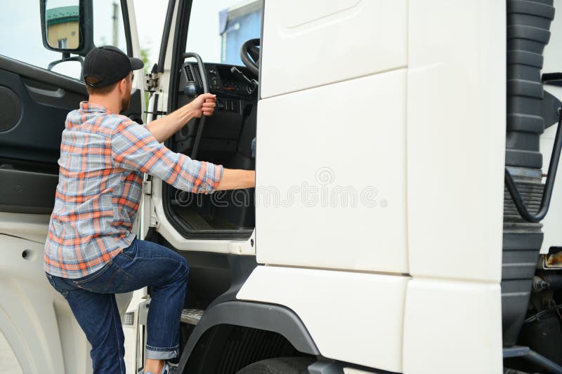 Back View of Driver Getting into Truck Cabin. Stock Image - Image of ...