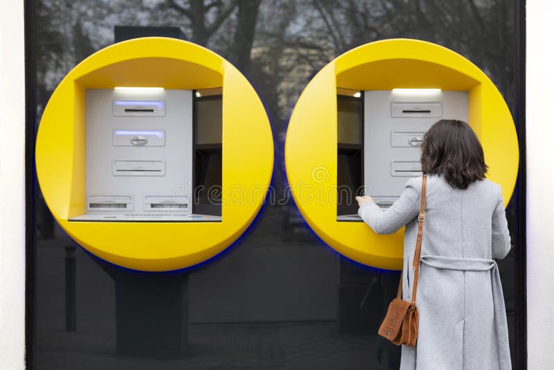 Back View of Elegant Woman Using a Modern ATM Stock Photo - Image of ...
