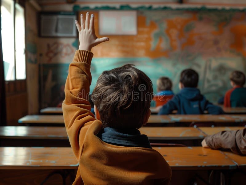 Back View of Elementary Student Raising His Hand To Answer a Question ...