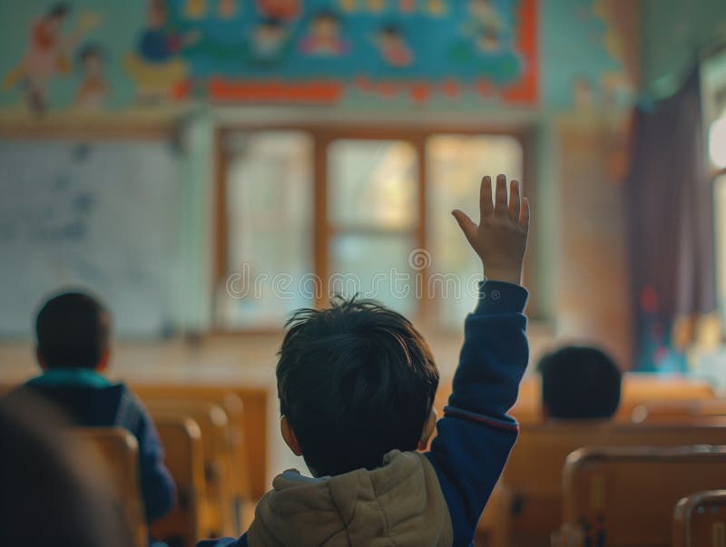 Back View of Elementary Student Raising His Hand To Answer a Question ...