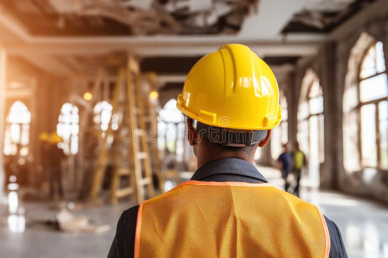 Back View of Engineer or Architect in Hardhat Working at Construction ...
