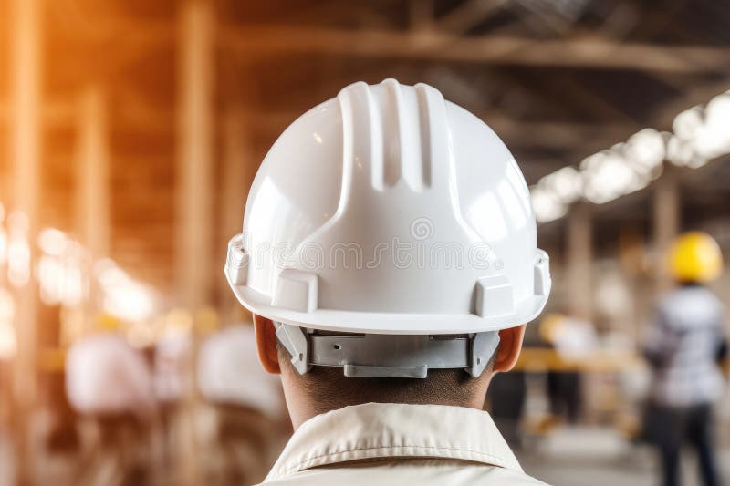 Back View of an Engineer or Architect Wearing a Safety Helmet in Front ...