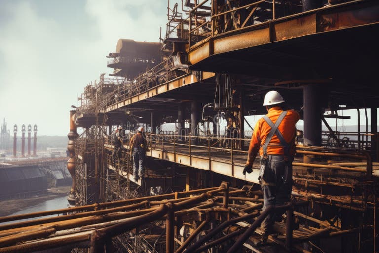 Back View of Engineer in Hardhat Standing on the Platform of Oil Refinery, Engineer Technician ...