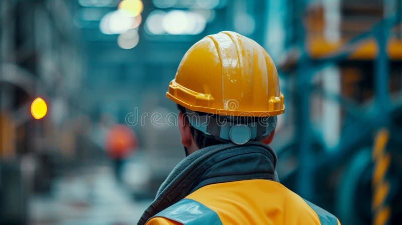 Back View of Engineer with Helmet Looking Up at Site .Generative Ai ...
