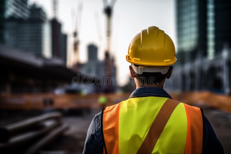 Back View of Engineer Looking Up at Ground Level Construction Site ...