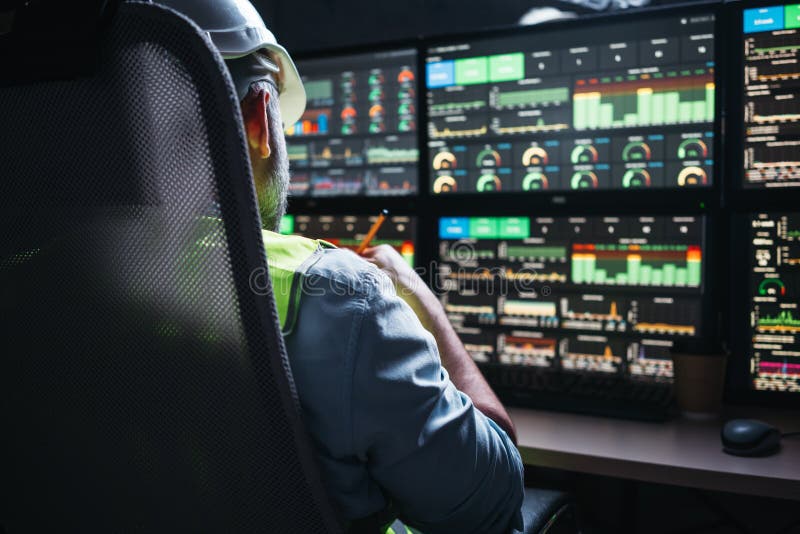 Back View Engineer Operator Computer Screens Modern Following ...