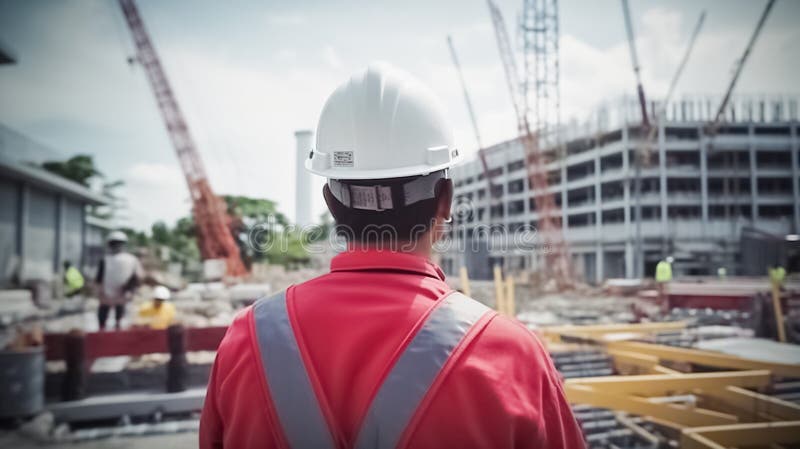 Back View of Engineer in Safety Helmet and Uniforms Inspecting and ...