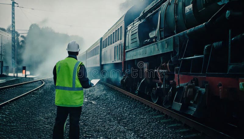 Back View Engineer Train is Monitoring the Old Steam Train Stock ...