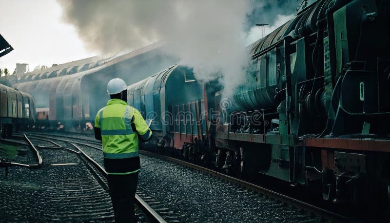 Back View Engineer Train is Monitoring the Old Steam Train Stock ...