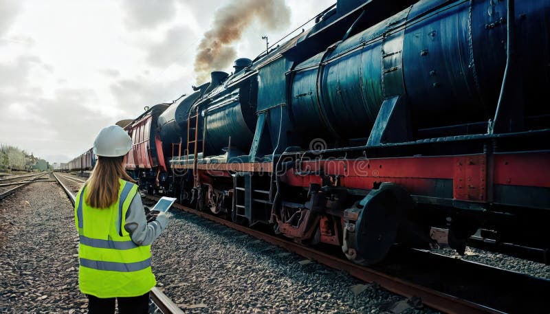 Back View Engineer Train is Monitoring the Old Steam Train Stock ...