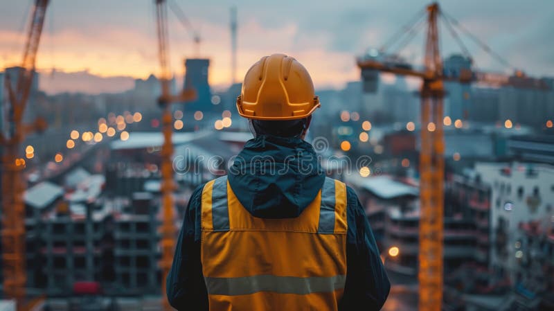 Back View of an Engineer Wearing a Safety Helmet and Standing at a ...