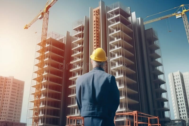 Back View of Engineer Wears Yellow Safty Helmet Standing Looking at ...