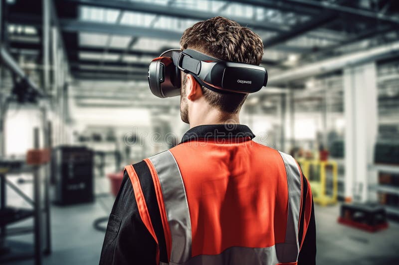 A Back View of a Factory Worker Engaging with a VR Headset for Training ...