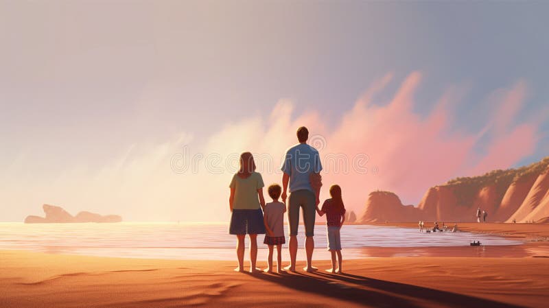 Back View of Family at the Sea. Generative Ai Stock Illustration ...