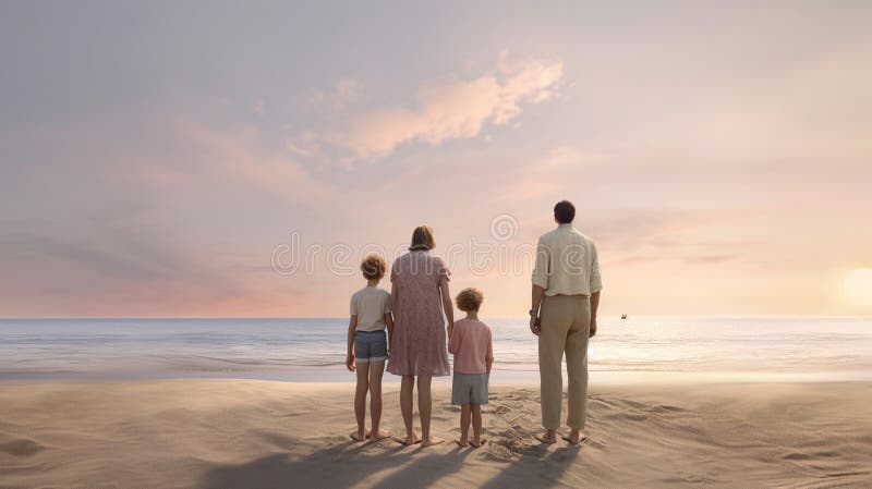 Back View of Family at the Sea. Generative Ai Stock Illustration ...