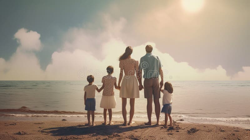 Back View of Family at the Sea. Generative Ai Stock Illustration ...