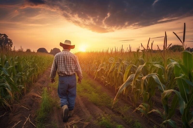 Back View Farmer Going on the Corn Field at Sunset Stock Illustration ...