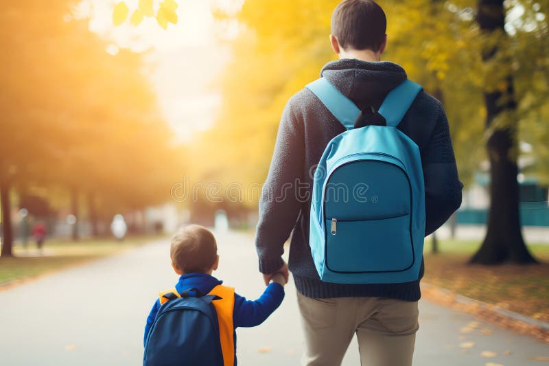 Back View of a Father Walking His Son To School. Generative AI Stock ...