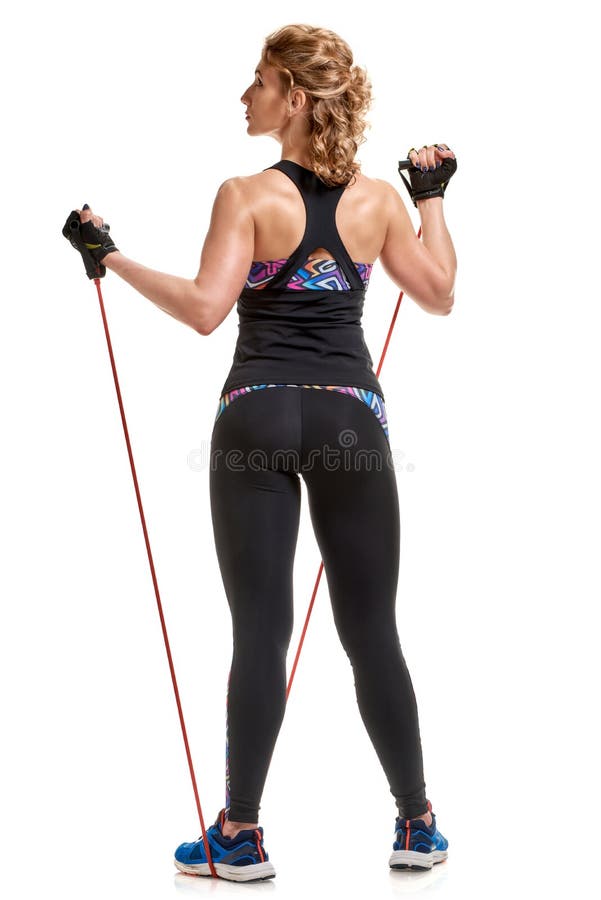 Woman Stretching with Expander Stock Photo - Image of isolated ...