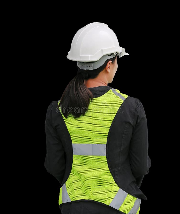 Back View of Female Construction Worker Isolated on Black Background ...